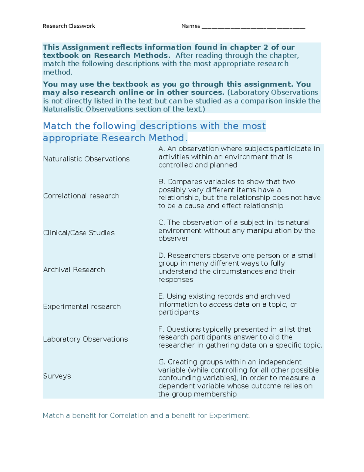 Research Methods Classwork Worksheet (Chapter 2) - Studocu
