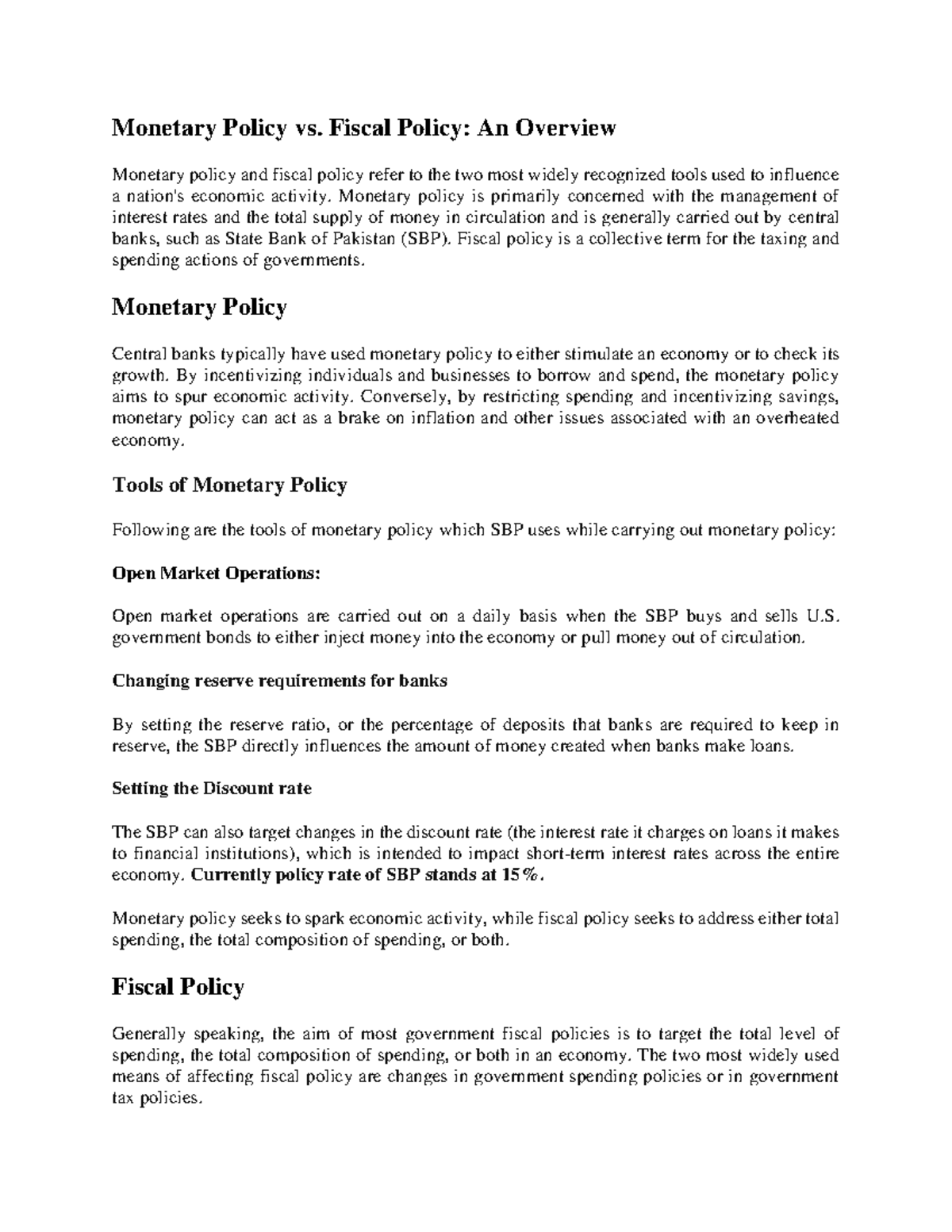 Monetary Policy vs Fiscal Policy: Key Economic Management Tools - Studocu