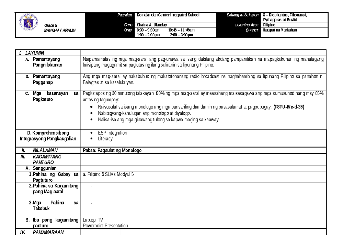 Banghay Aralin sa Pagsulat ng Monologo - Filipino 8 (Ikaapat na ...