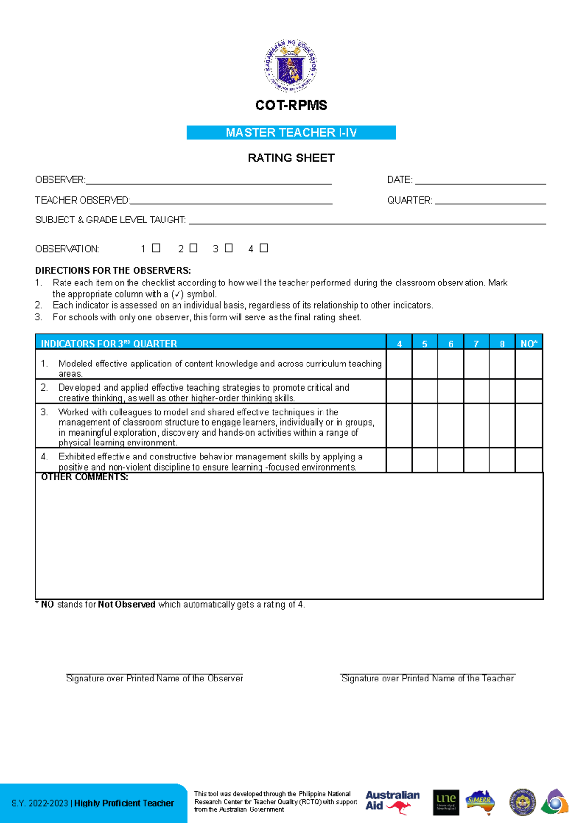 COT Rating Sheet for Master Teachers I-IV (S.Y. 2022-2023) - Studocu