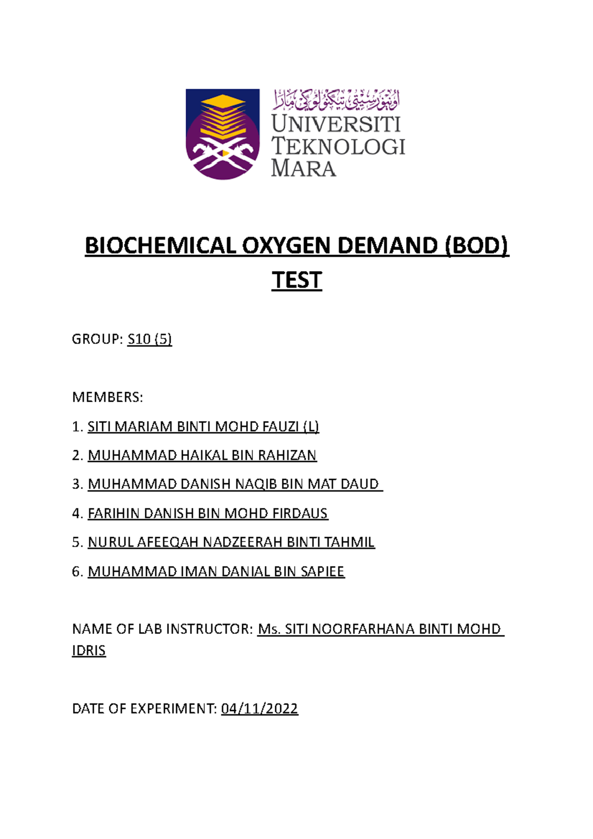 Biochemical Oxygen Demand (BOD) Experiment Report - Group S10(5) - Studocu