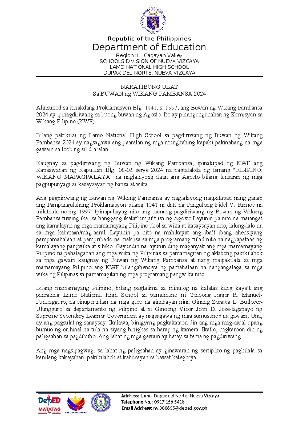 Naratibong Ulat sa Pagdiriwang ng Buwan ng Wika 2024 - Studocu