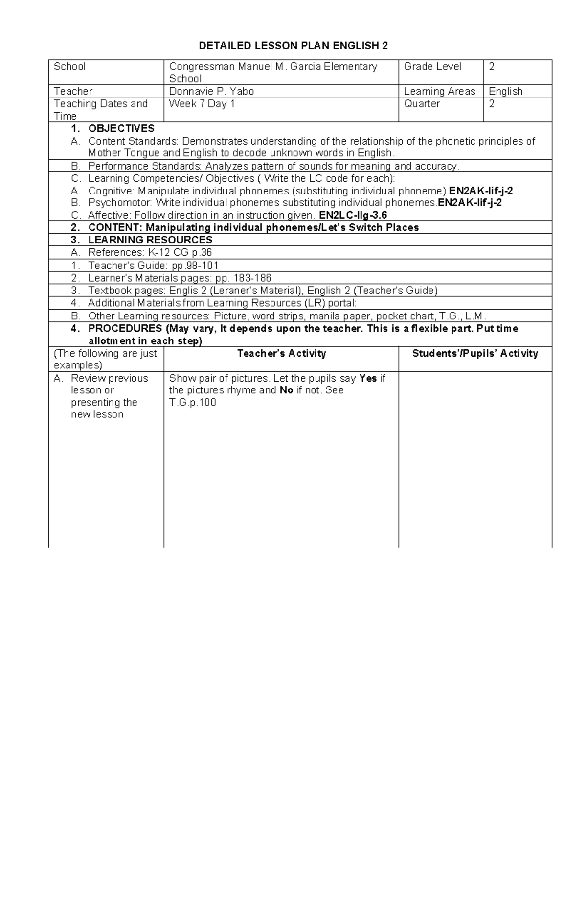 Q2ENG 2 Detailed Lesson Plan for Week 7 Day 1 - Studocu