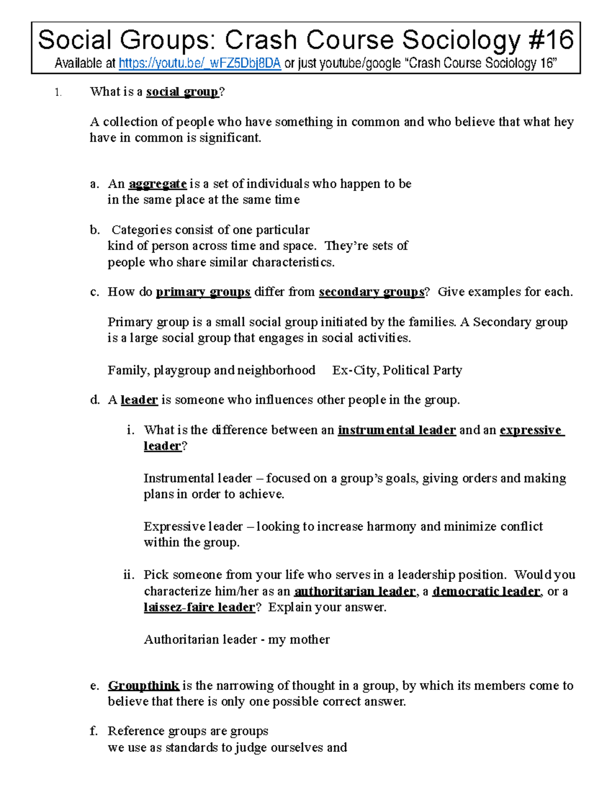 Sociology 16: Social Groups Overview and Key Concepts Guide - Studocu