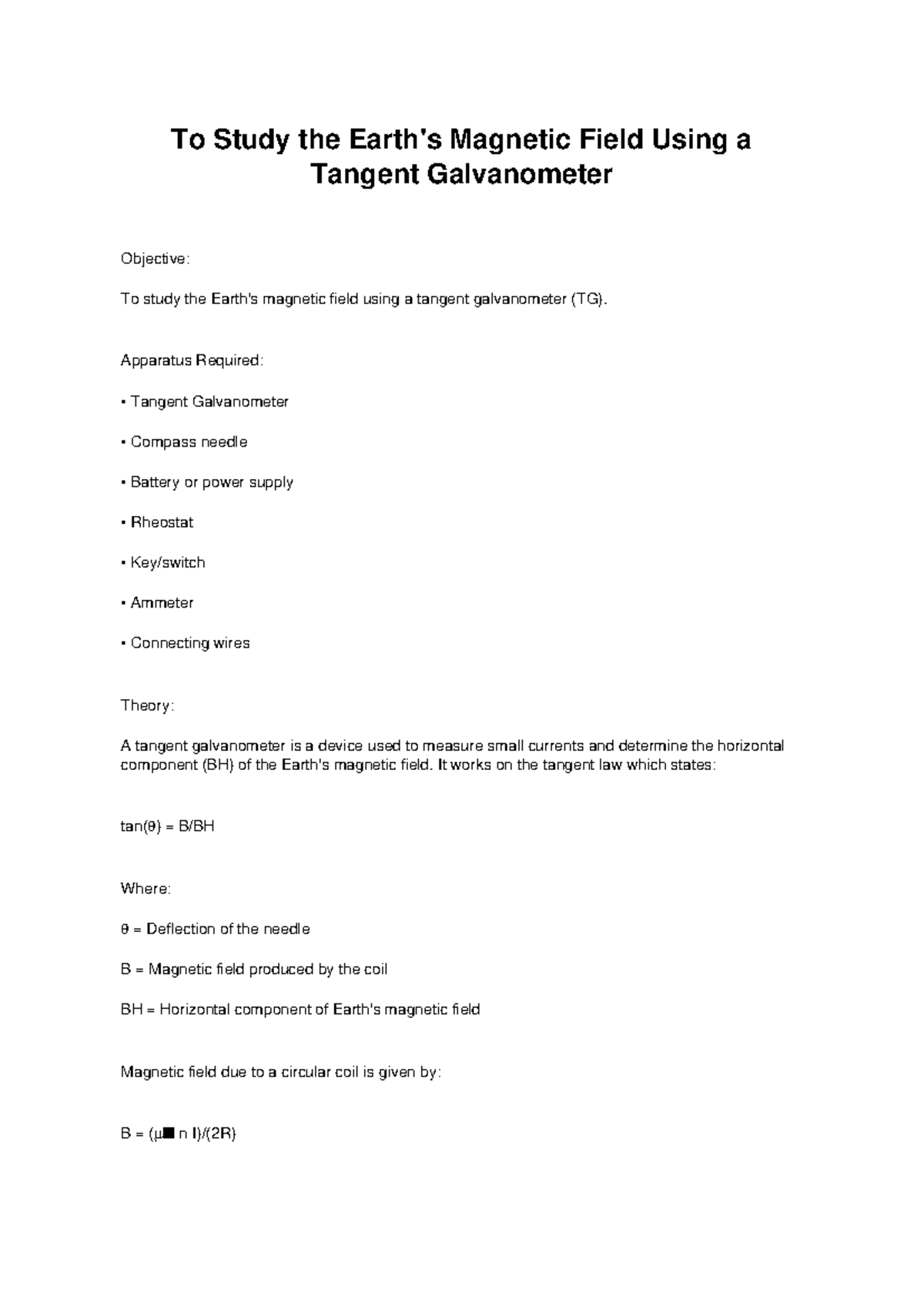 TG 101: Exploring Magnetic Fields with a Tangent Galvanometer - Studocu