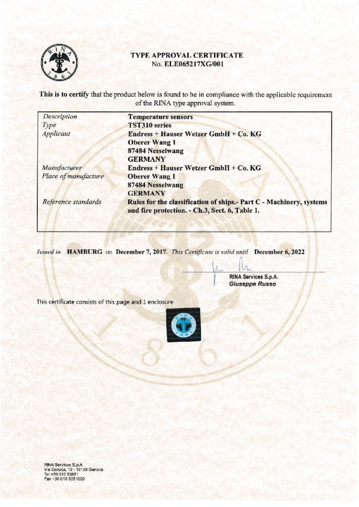 Certificate of Type Approval No. ELE0652l7XGl00l for TST310 Sensors ...