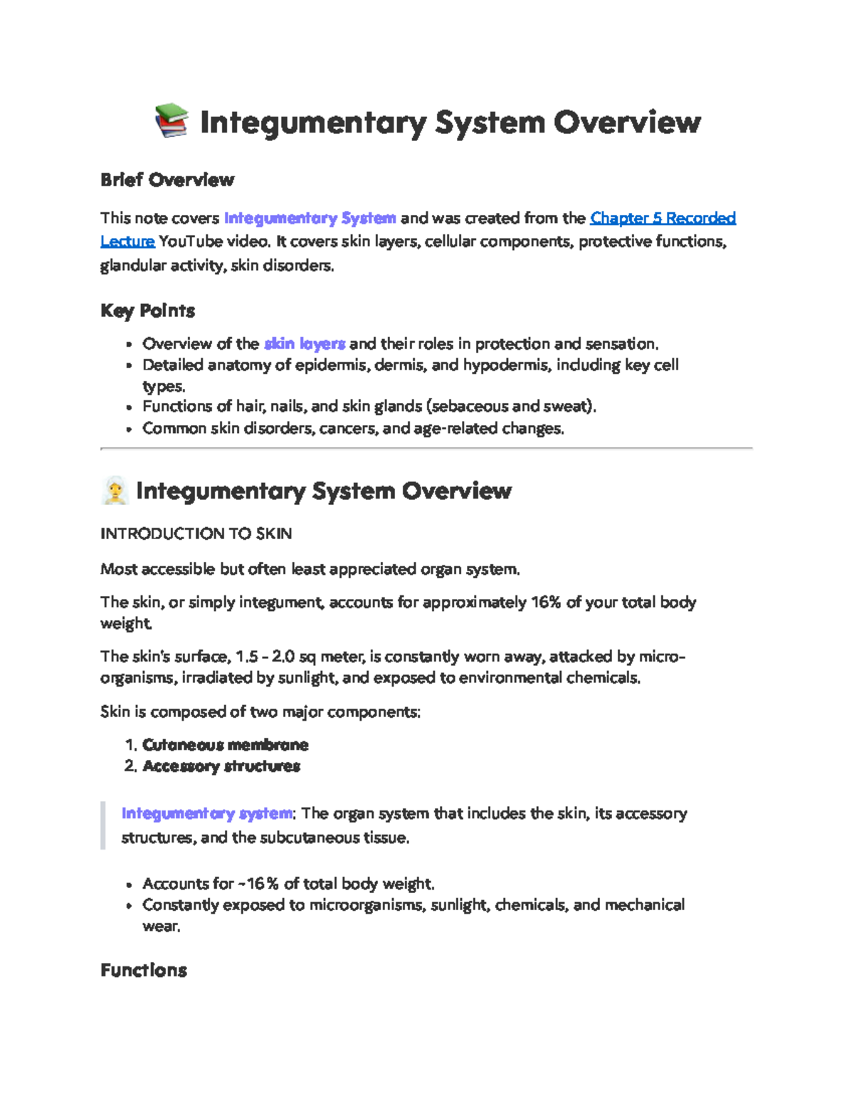 Integumentary System Overview - Lecture Notes - Studocu