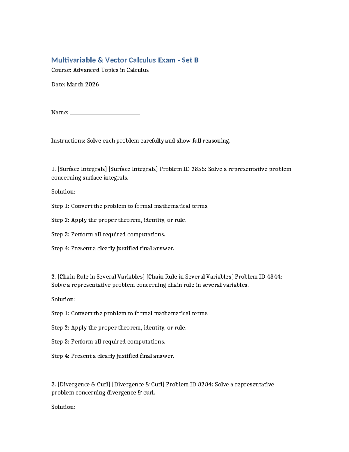 Multivariable Vector Calculus Exam Set B - Math 8882 - Studocu