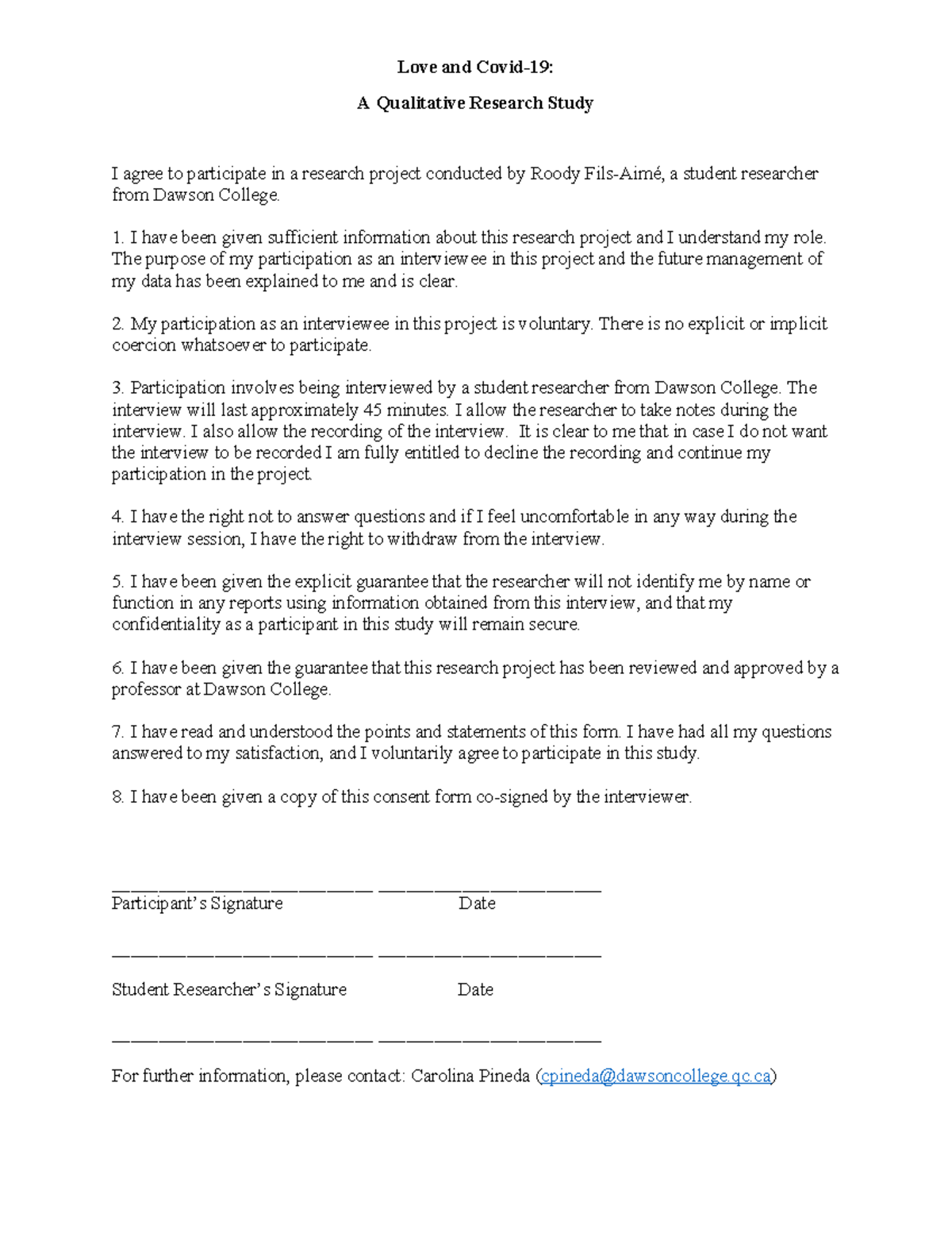 Dawson College Qualitative Research Consent Form - Assignment - Studocu