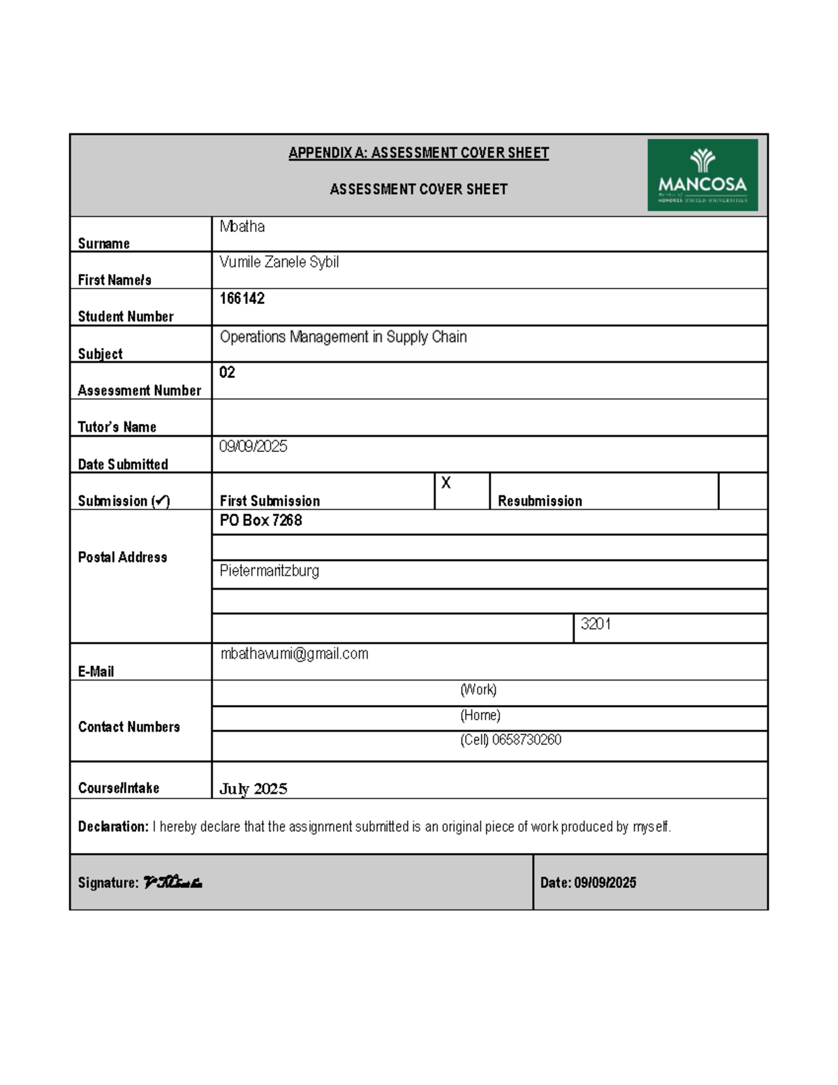 Operations Management in Supply Chain: Assessment Cover Sheet - Studocu