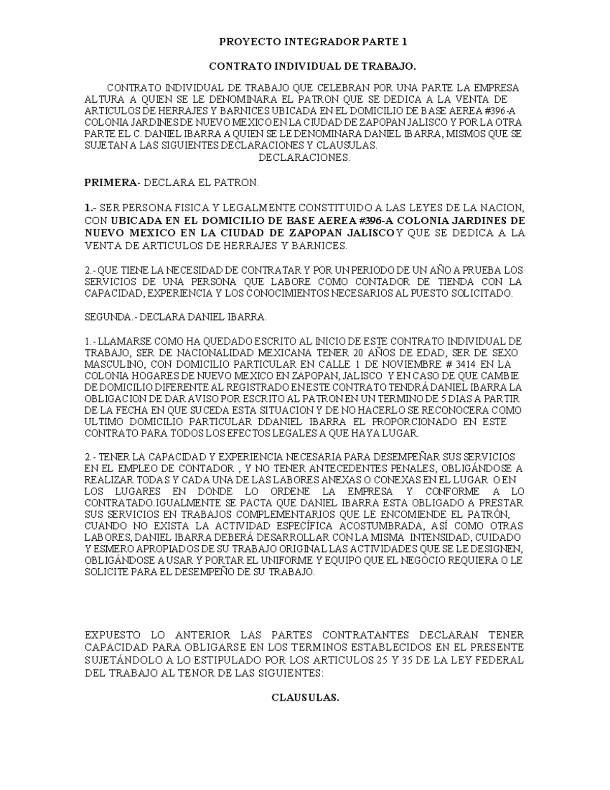 PROYECTO INTEGRADOR ETAPA 3 - CONTRATOS INDIVIDUALES DE TRABAJO - Studocu