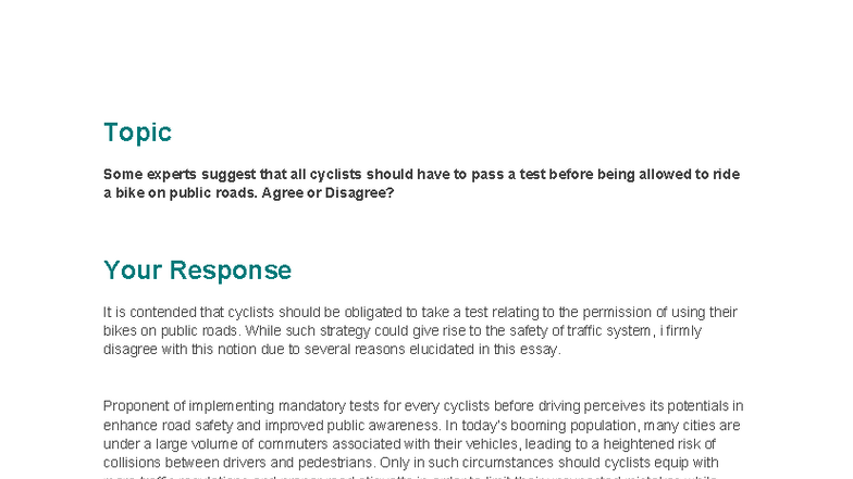 IELTS Writing Task 2: Should Cyclists Pass a Test Before Riding? - Studocu