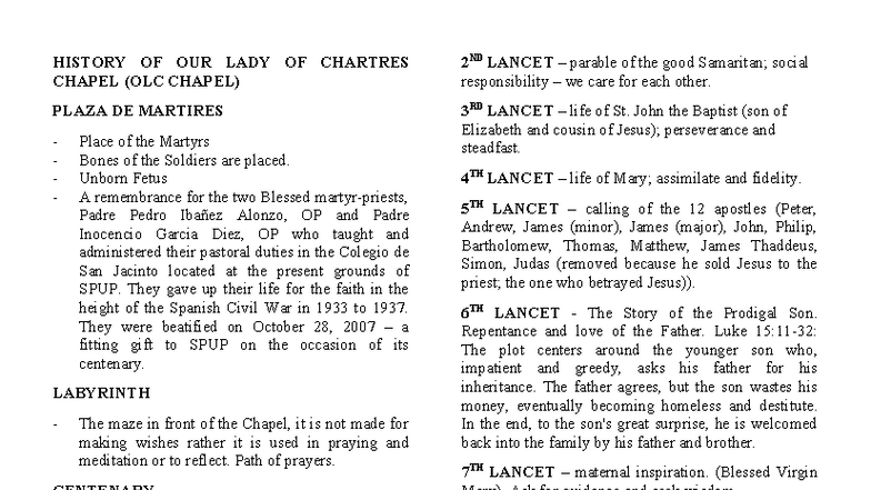 HISTORY OF OUR LADY OF CHARTRES CHAPEL (OLC CHAPEL) PRELIMINARY NOTES ...