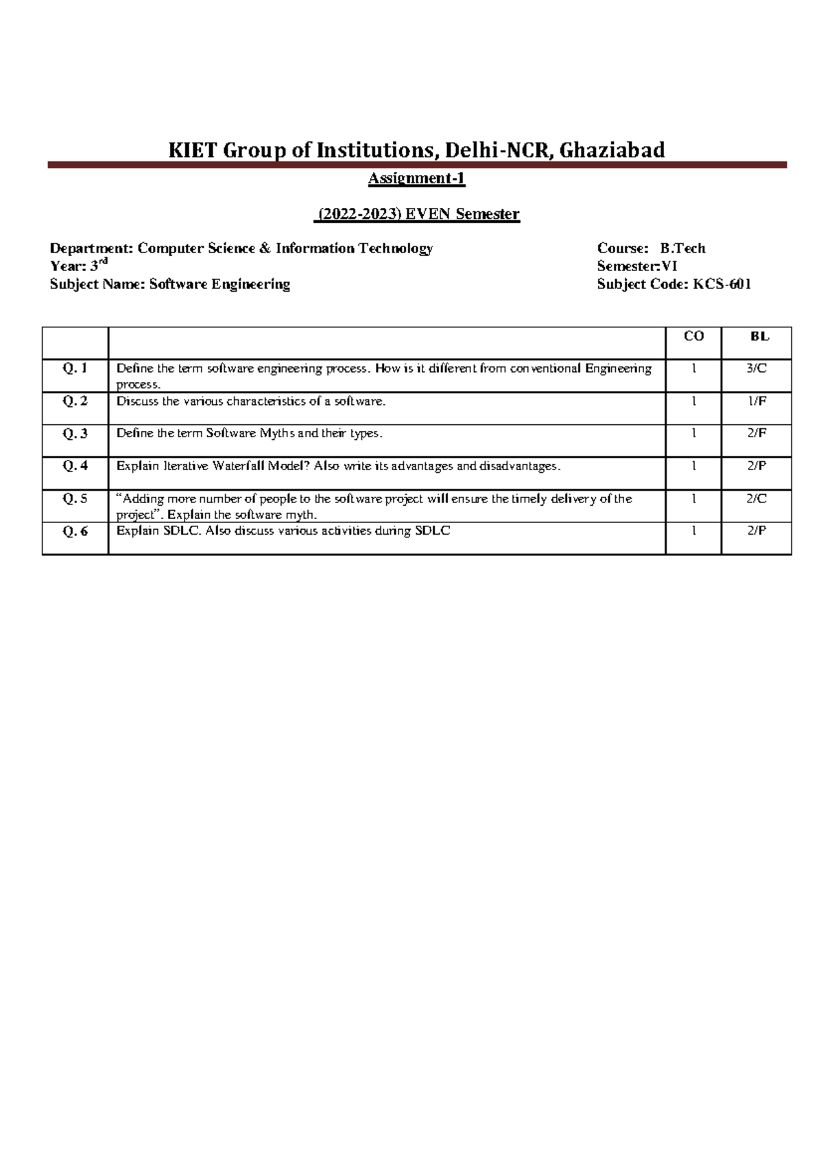 SE Assignment-1 - Software Engineering Unit 1 Assignment - KIET Group of Institutions, Delhi-NCR ...