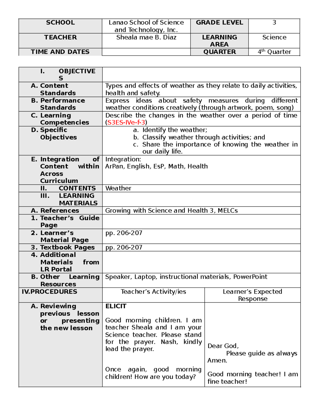 Detailed Lesson Plan: Exploring Weather Patterns in Grade 3 Science - Studocu