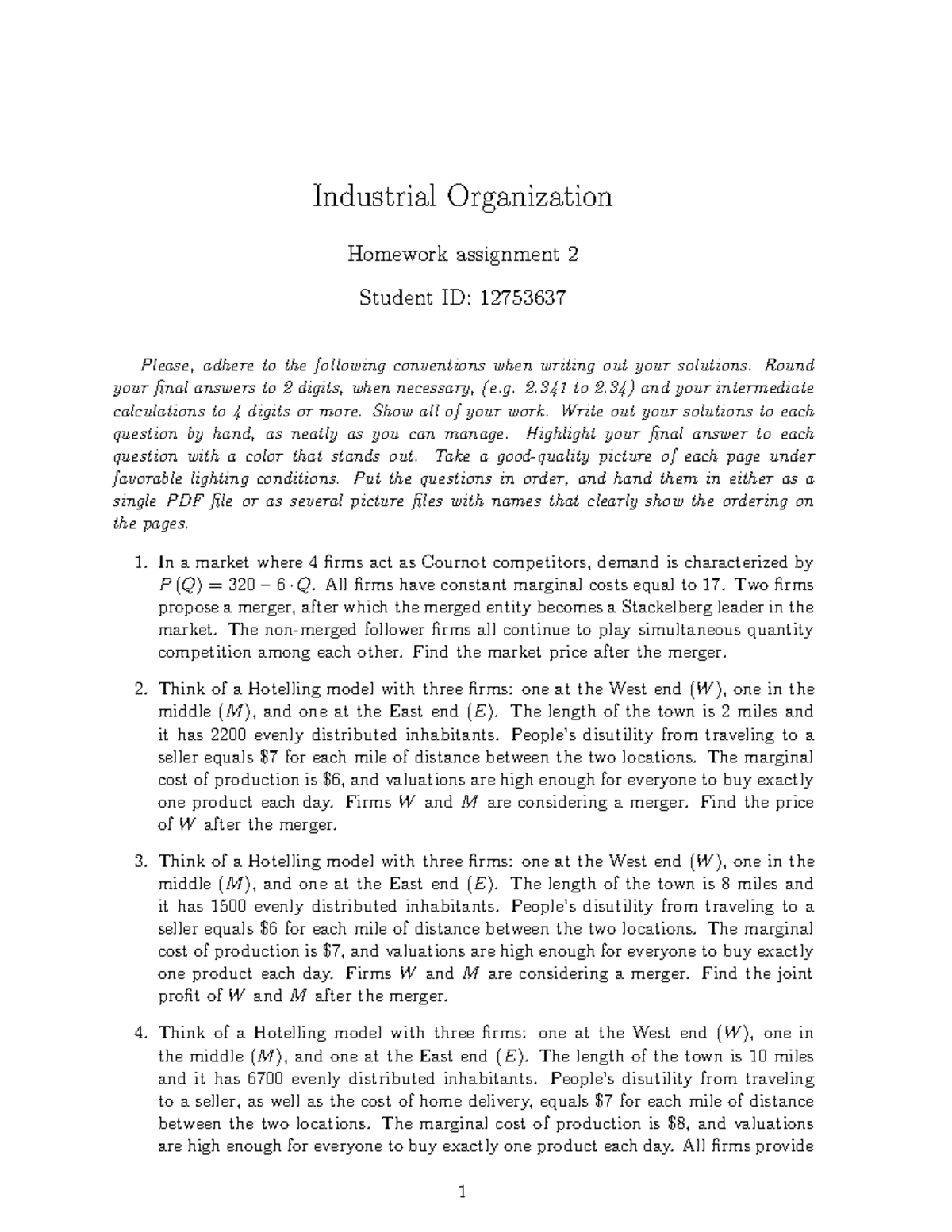Industrial Organization Homework Assignment 2 (ID: 12753637) - Studeersnel