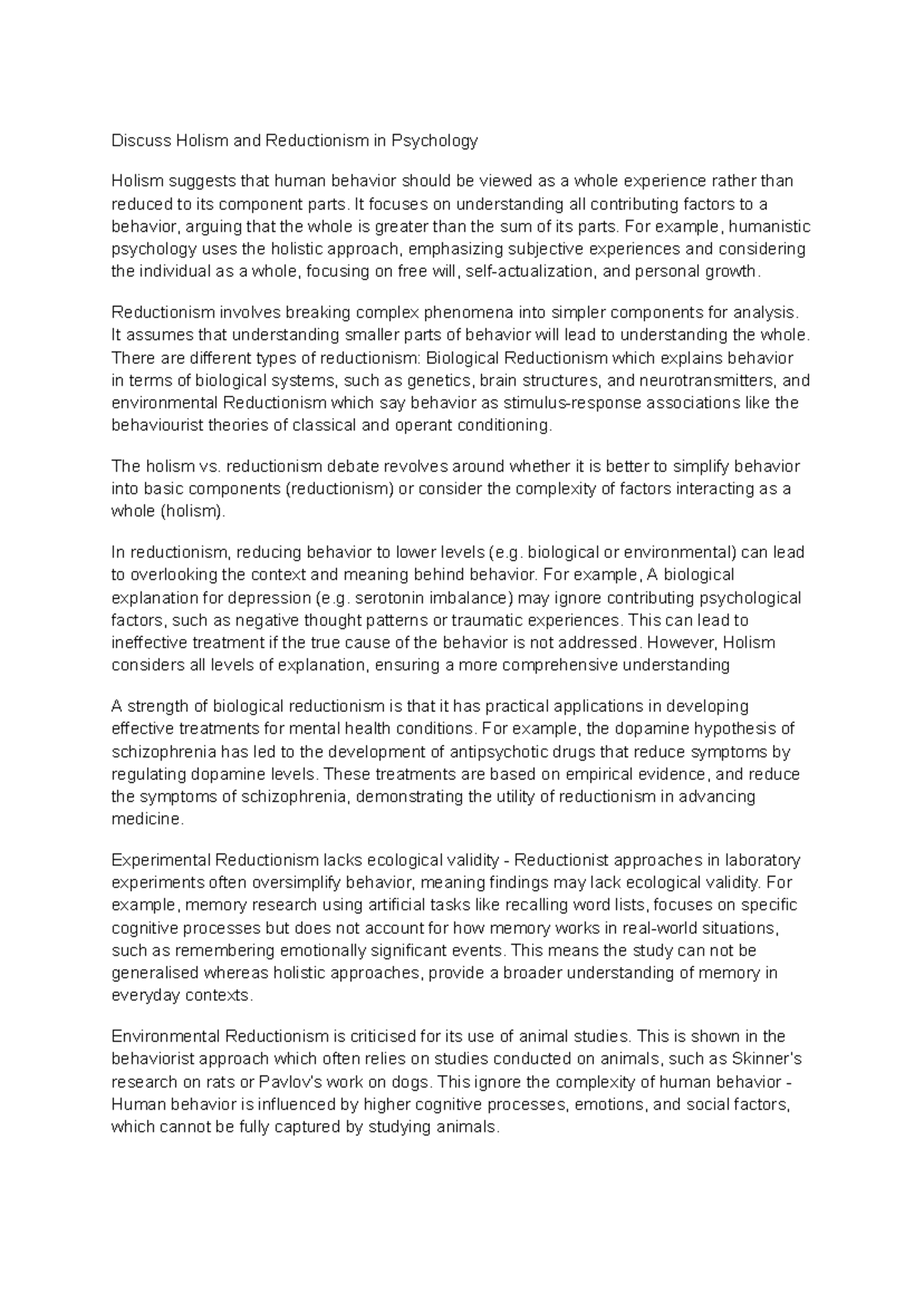 Psych - notes on issues and debates - Discuss Holism and Reductionism ...