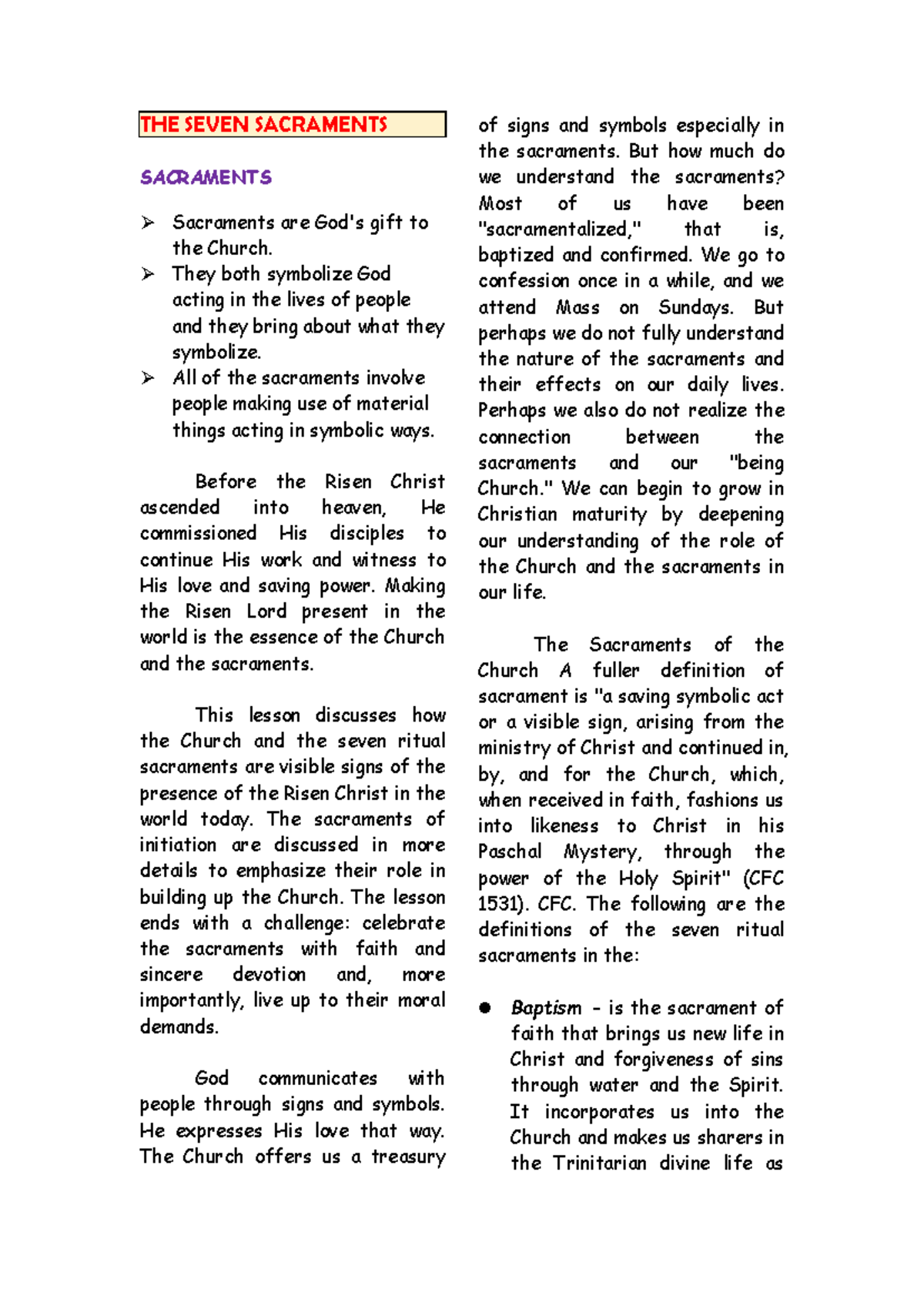 THEO Reviewer - notes - THE SEVEN SACRAMENTS SACRAMENTS Sacraments are ...