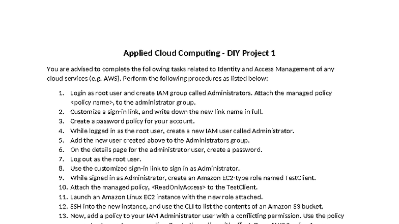 Applied Cloud Computing DIY Project 1: IAM Management Tasks - Studocu
