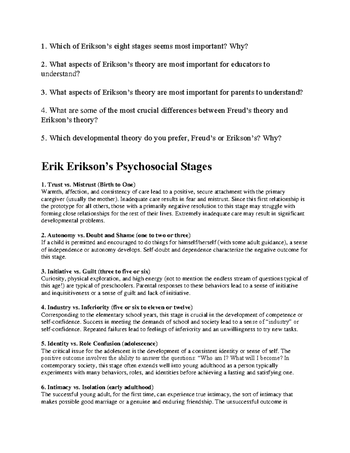 Erikson theory of development worksheet - 1. Which of Erikson’s eight ...