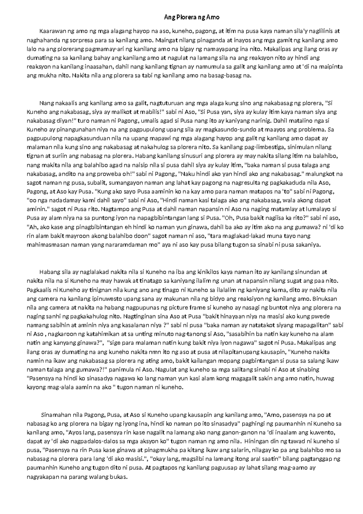 Pagbabasag ng Plorera: Aral sa Pagsisisi at Pagkakaibigan - Studocu