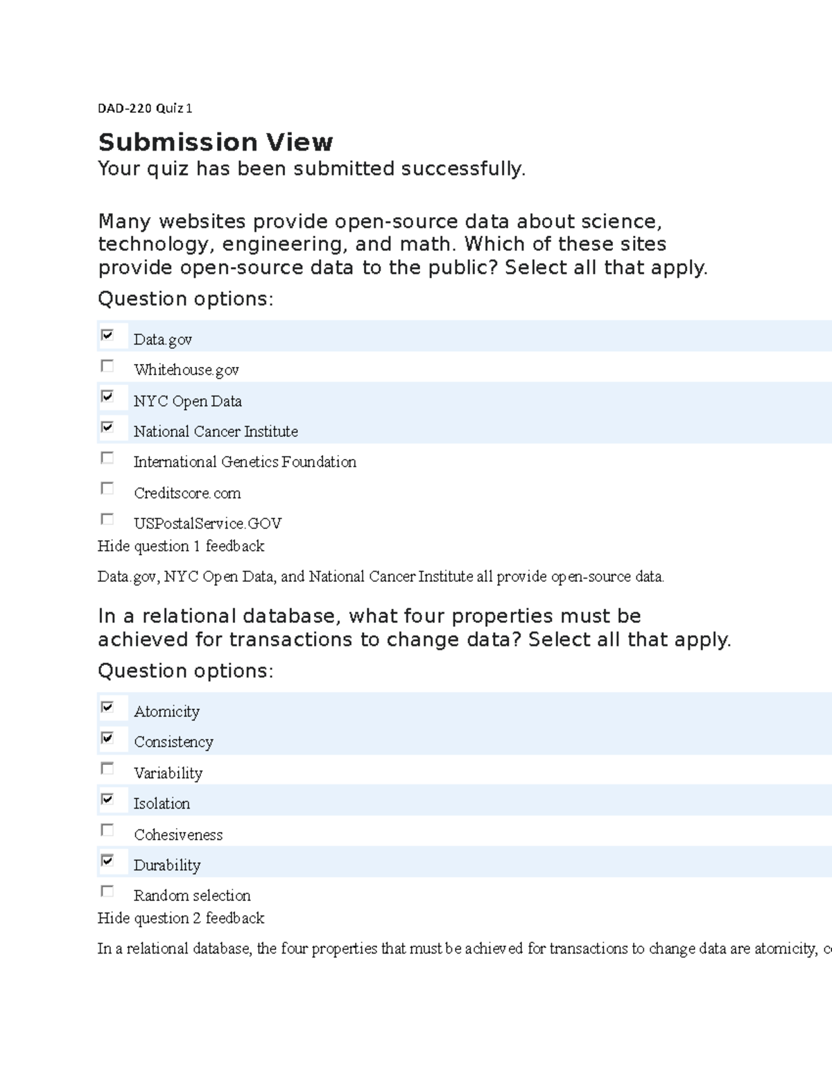 DAD-220 Quiz 1 - Open-Source Data & Database Concepts - Studocu
