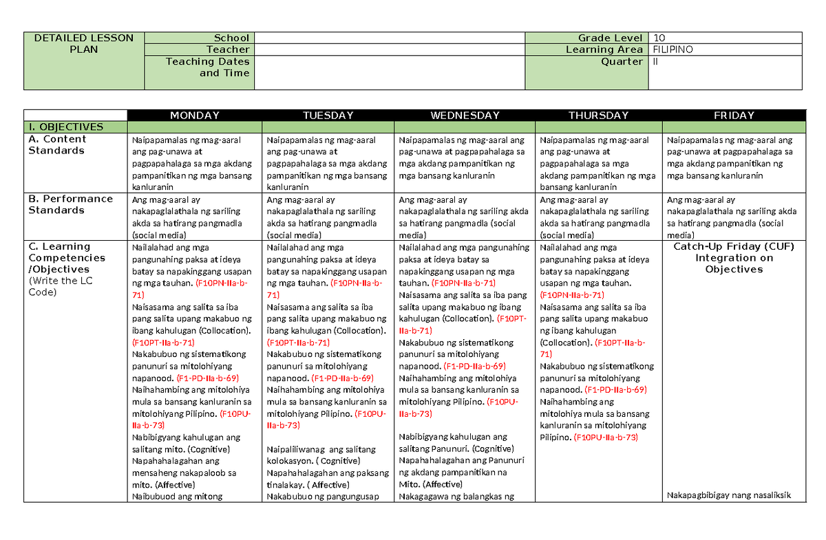 Filipino 10 Ikalawang Markahan: Detalyadong Plano ng Aralin - Studocu