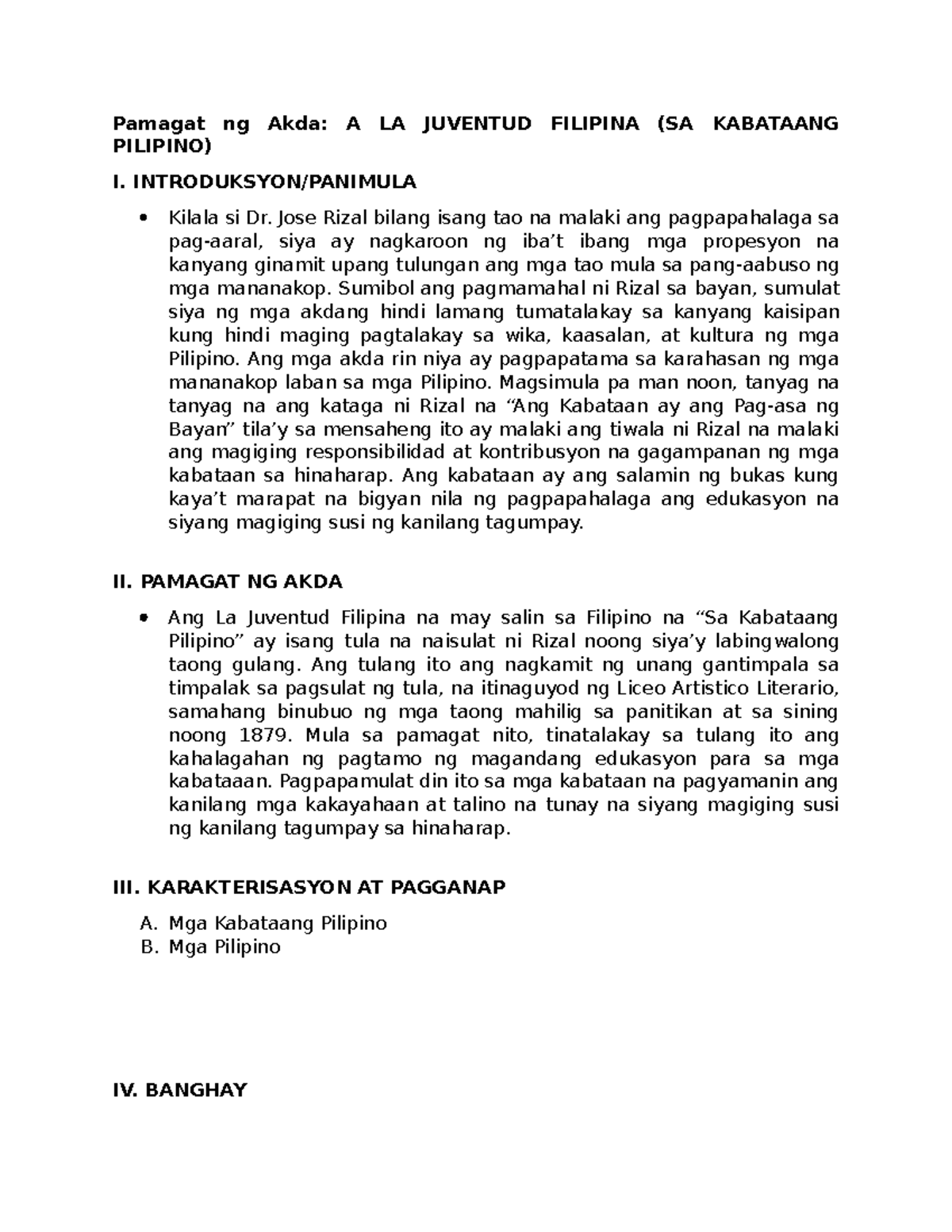 Pagsusuri sa Tulang "Sa Kabataang Pilipino" ni Rizal - Studocu
