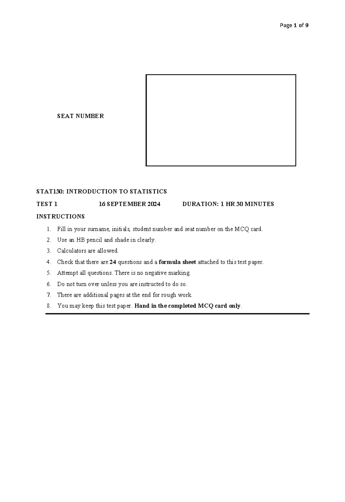 STAT130: Test 1 Solutions for Introduction to Statistics - Studocu