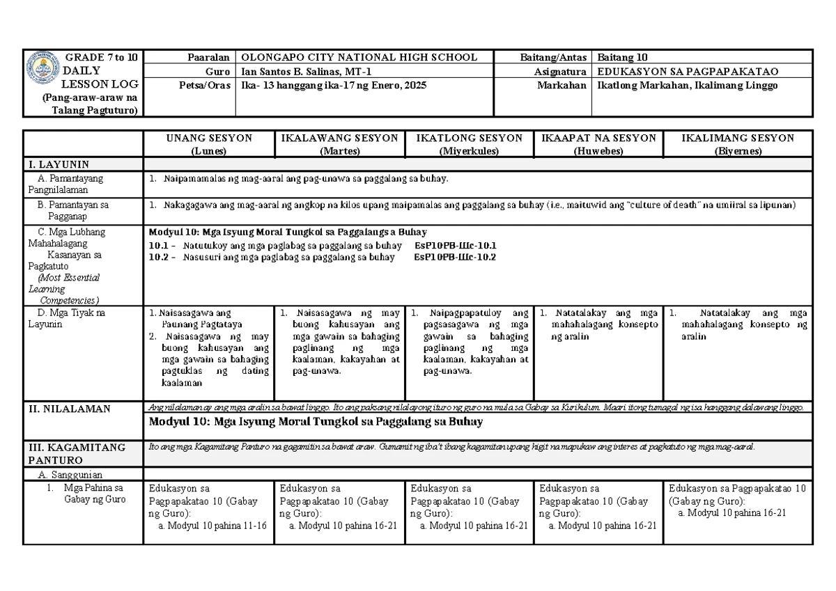 ESP 9 Q3 W5 - Daily Lesson Log on Proper Time Management - Studocu