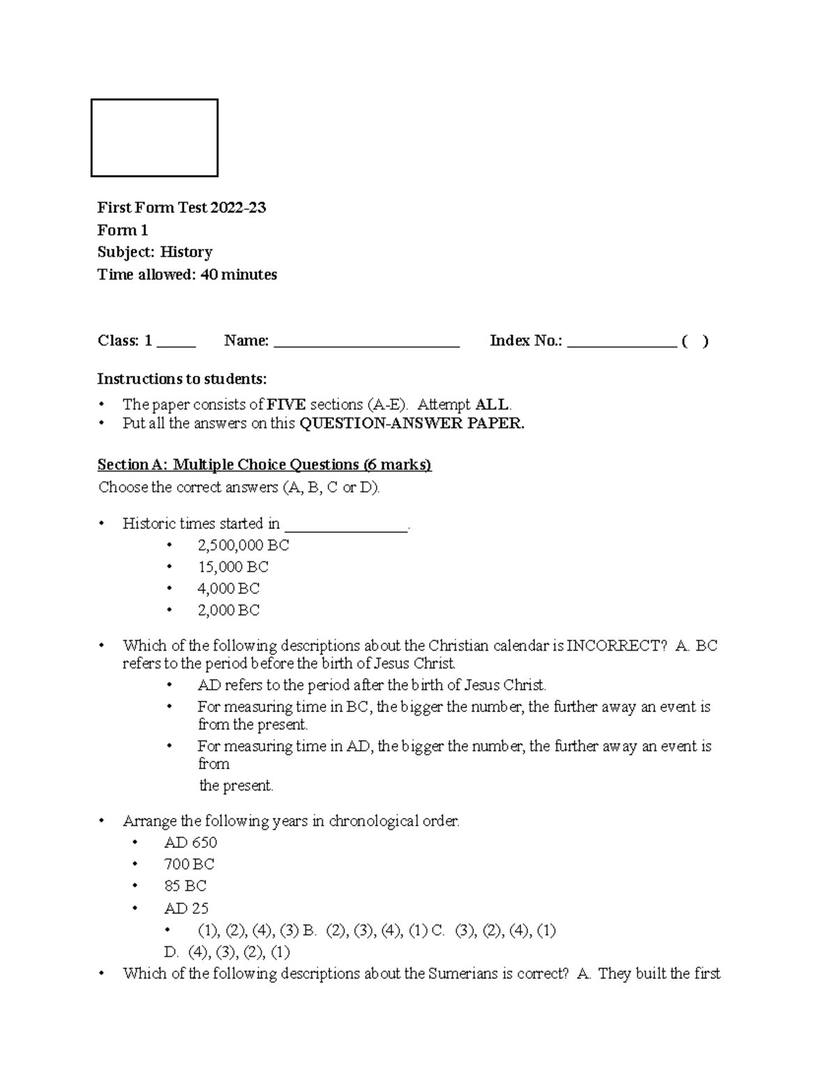 History F1 First Form Test Questions - 2022 - Studocu