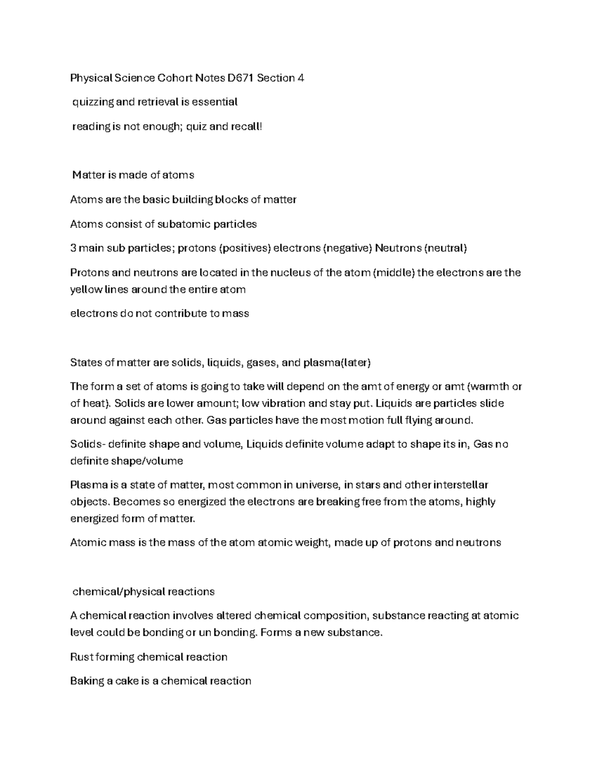 D671 Section 4 Physical Science: Atoms, Matter, and Energy Concepts ...