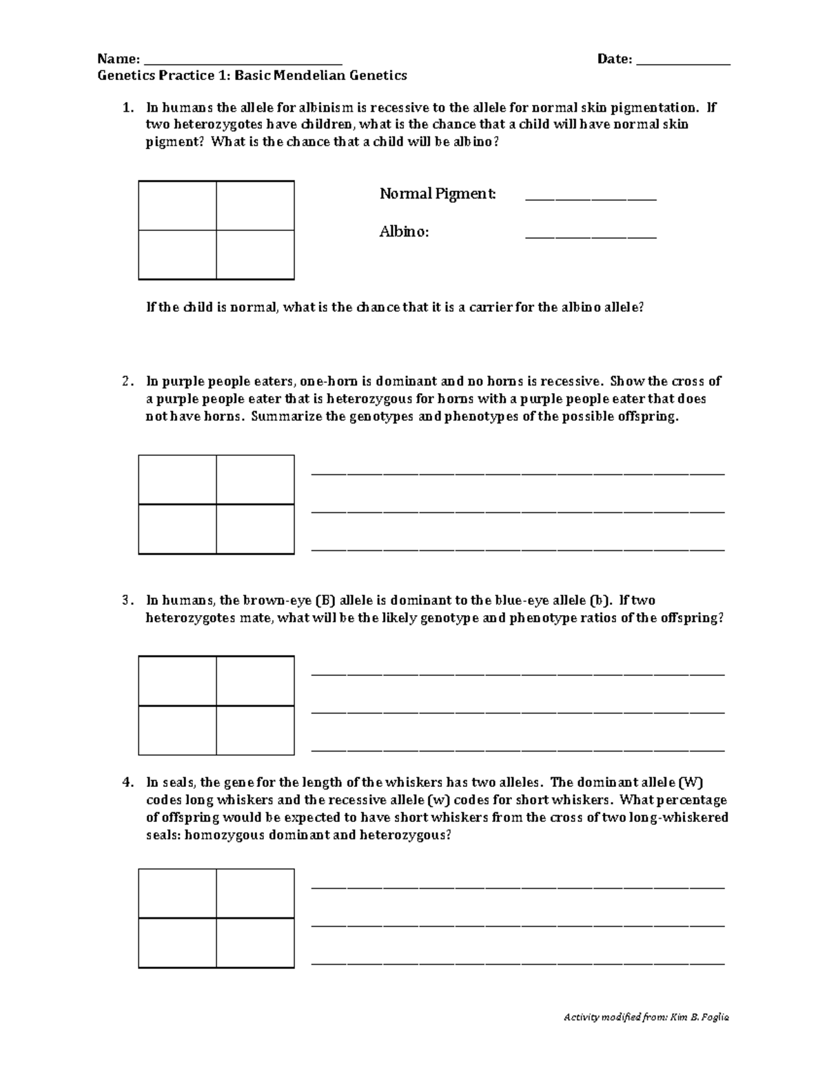 Genetics Practice 1 - Basic Mendelian Genetics - Name