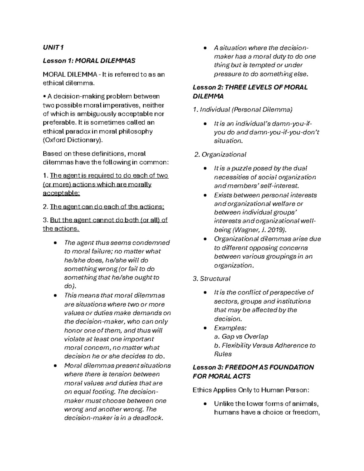 UNIT 1 & 2 Ethics Reviewer: Moral Dilemmas & Moral Agency Insights ...