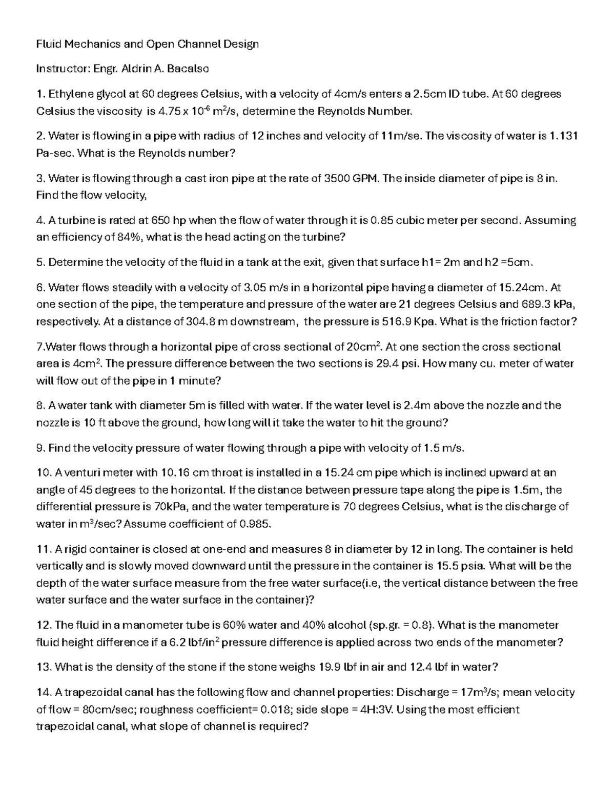 Fluid Mechanics Problem Set: Open Channel Design (ENGR 101) - Studocu