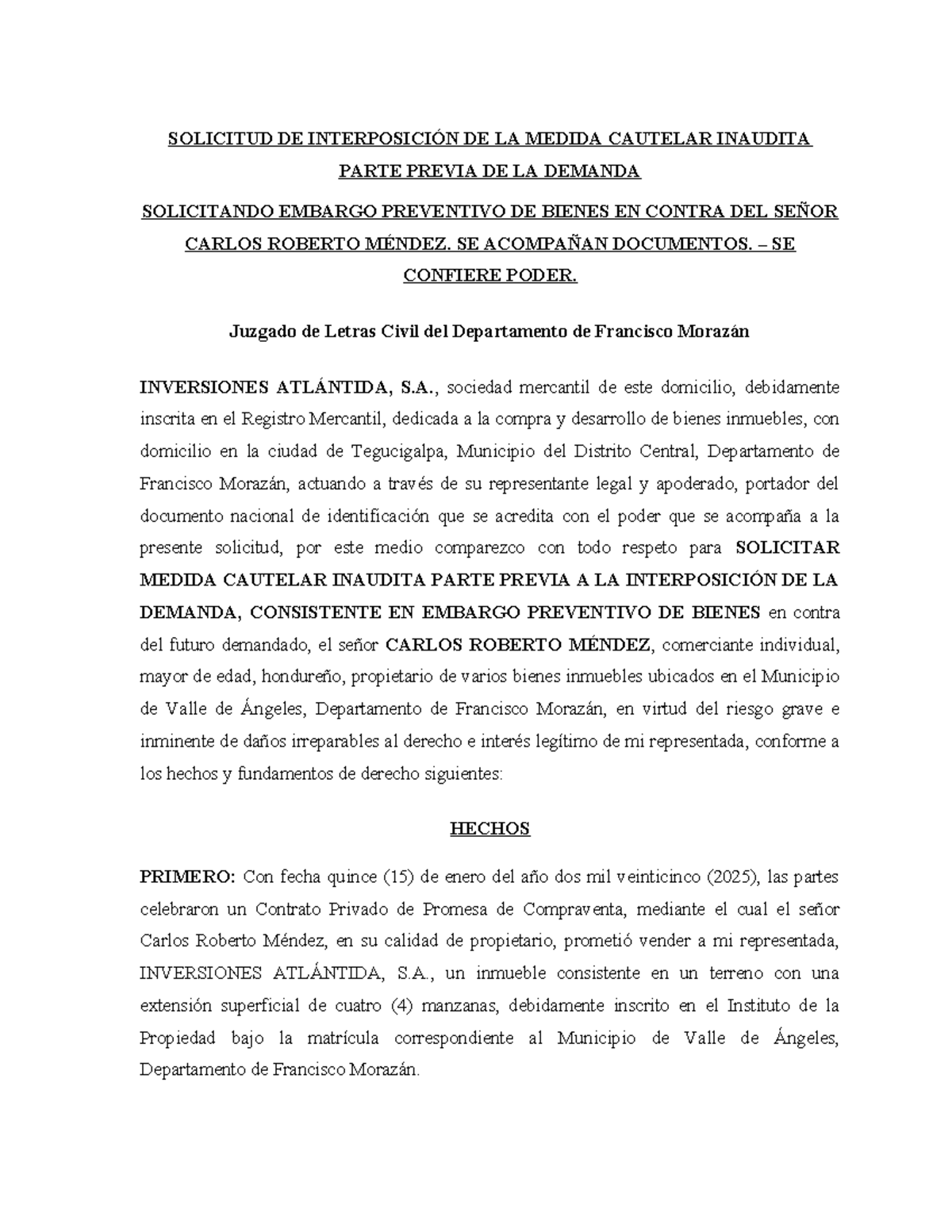 Solicitud de Medida Cautelar Inaudita Parte: Embargo Preventivo de ...
