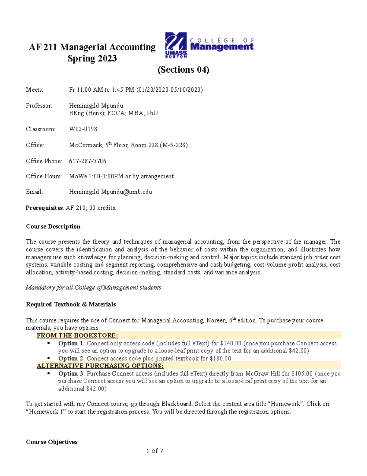 AF211 Managerial Accounting Syllabus Spring 2023 (Section 04) - Studocu