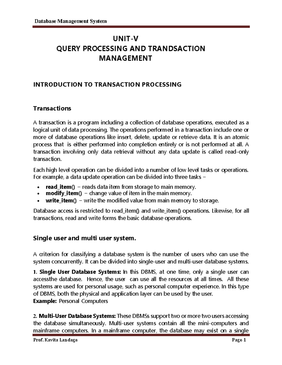 **DBMS 101: Unit V - Query Processing & Transaction Management** - Studocu