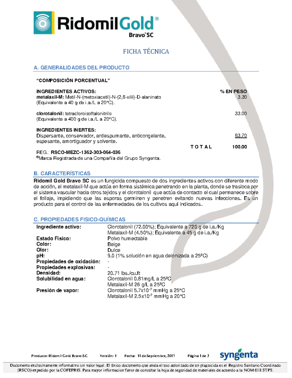 Ridomil gold bravo - FICHA TECNICA DE COMPONENTES QUIMICOS - Producto ...