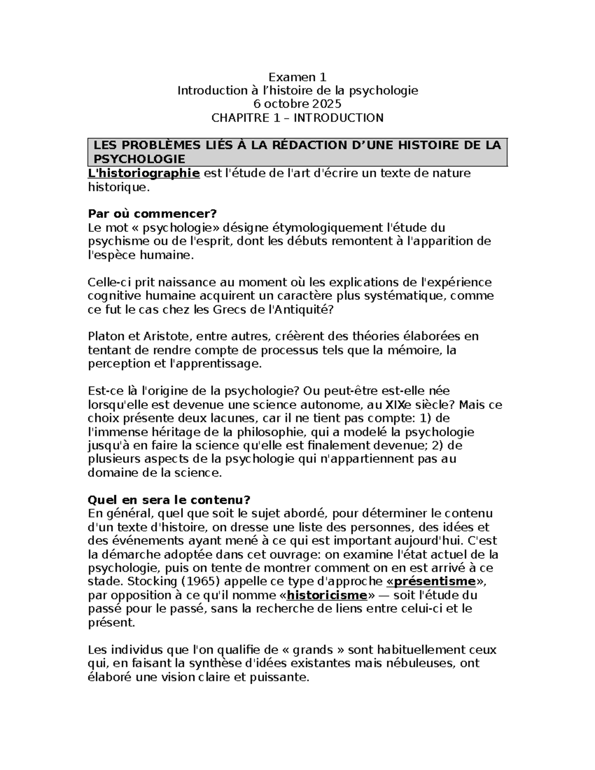 Examen 1: Introduction à l'Histoire de la Psychologie - Chapitre 1 ...