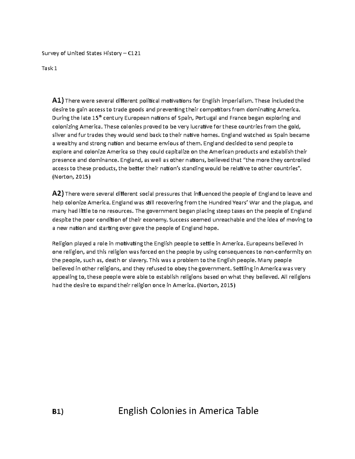 C121 Task 1 - Task 1 - Survey of United States History – C Task 1 A1 ...
