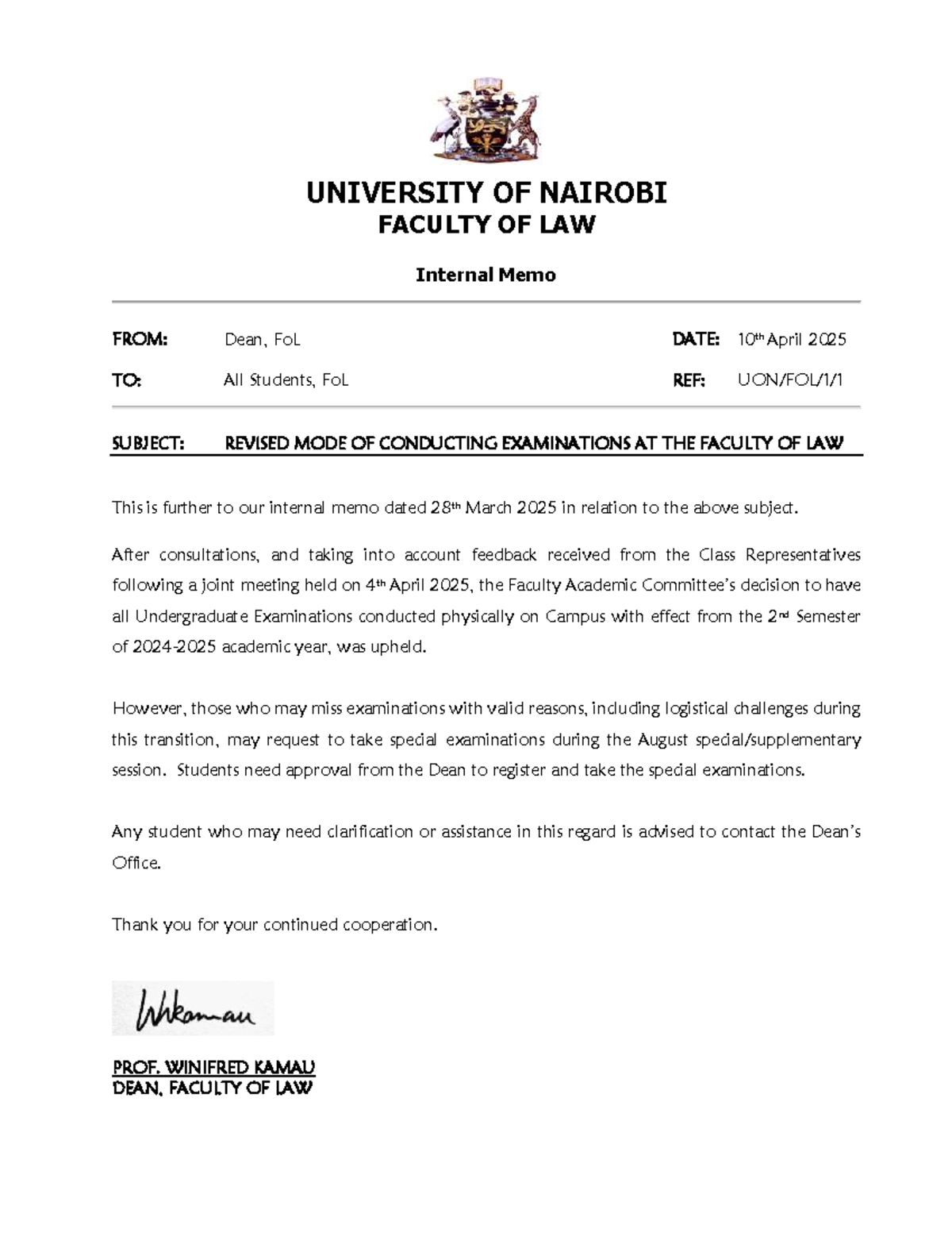 UNIVERSITY OF NAIROBI LAW FACULTY Revised Exam Conduct Memo 2025 - Studocu