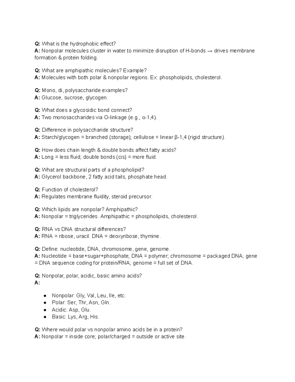 Biology Study Guide: Key Concepts on Proteins, Nucleic Acids, and ...