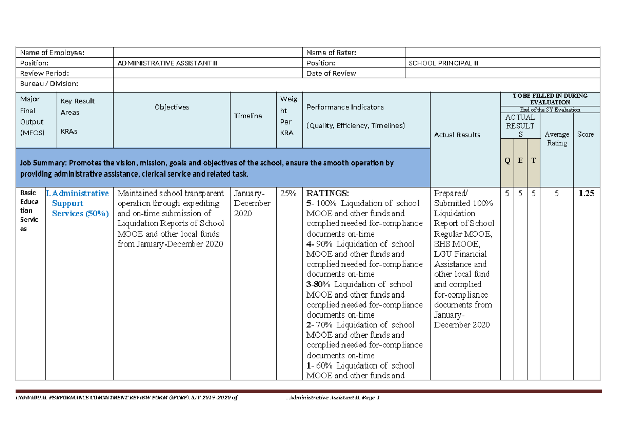 IPCRF ADAS Evaluation Report Sample for Admin Assist II - Studocu