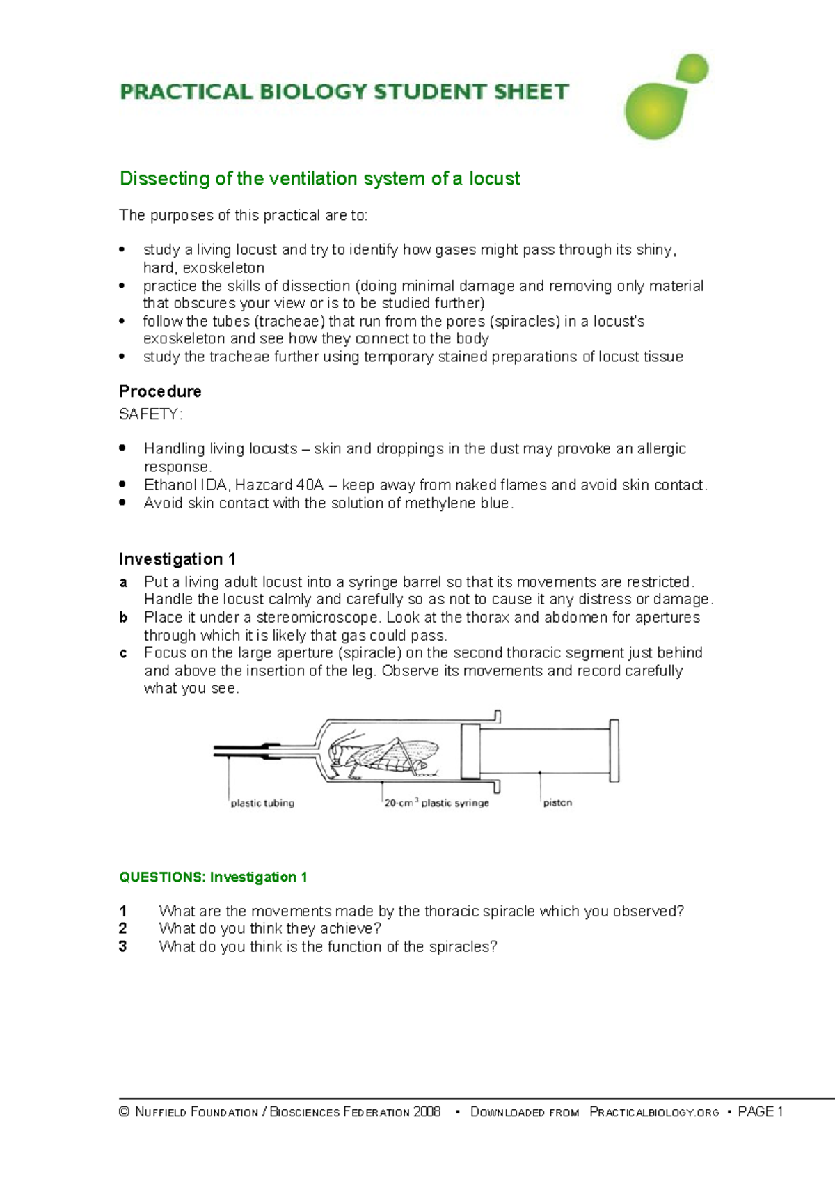 PB Dissection of the Locust Ventilation System - Practical Guide - Studocu