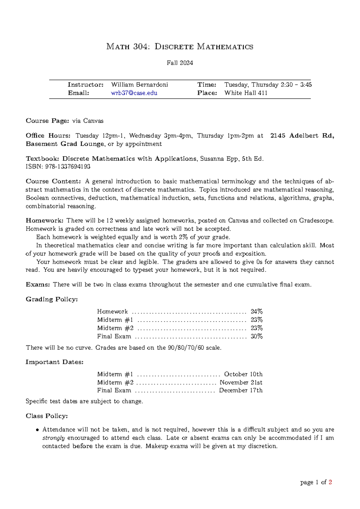 CSDS 302: Discrete Mathematics Syllabus - Fall 2024 - Studocu
