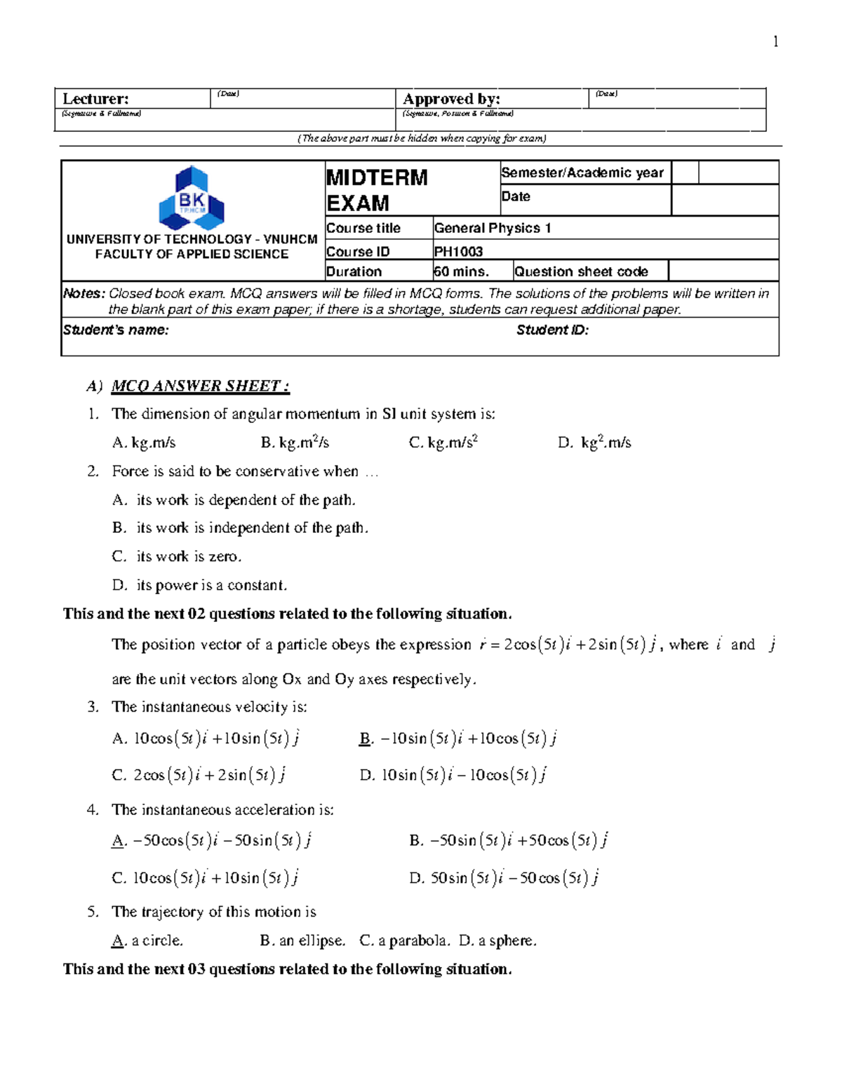 Midterm Exam PH1003: General Physics 1 Question Sheet - Studocu