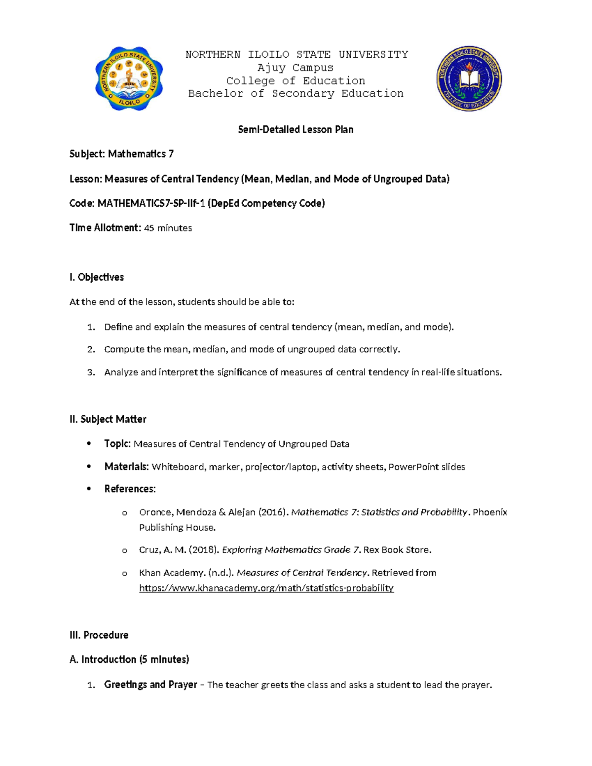 BSED Math 7 Lesson Plan: Measures of Central Tendency (Mean, Median ...