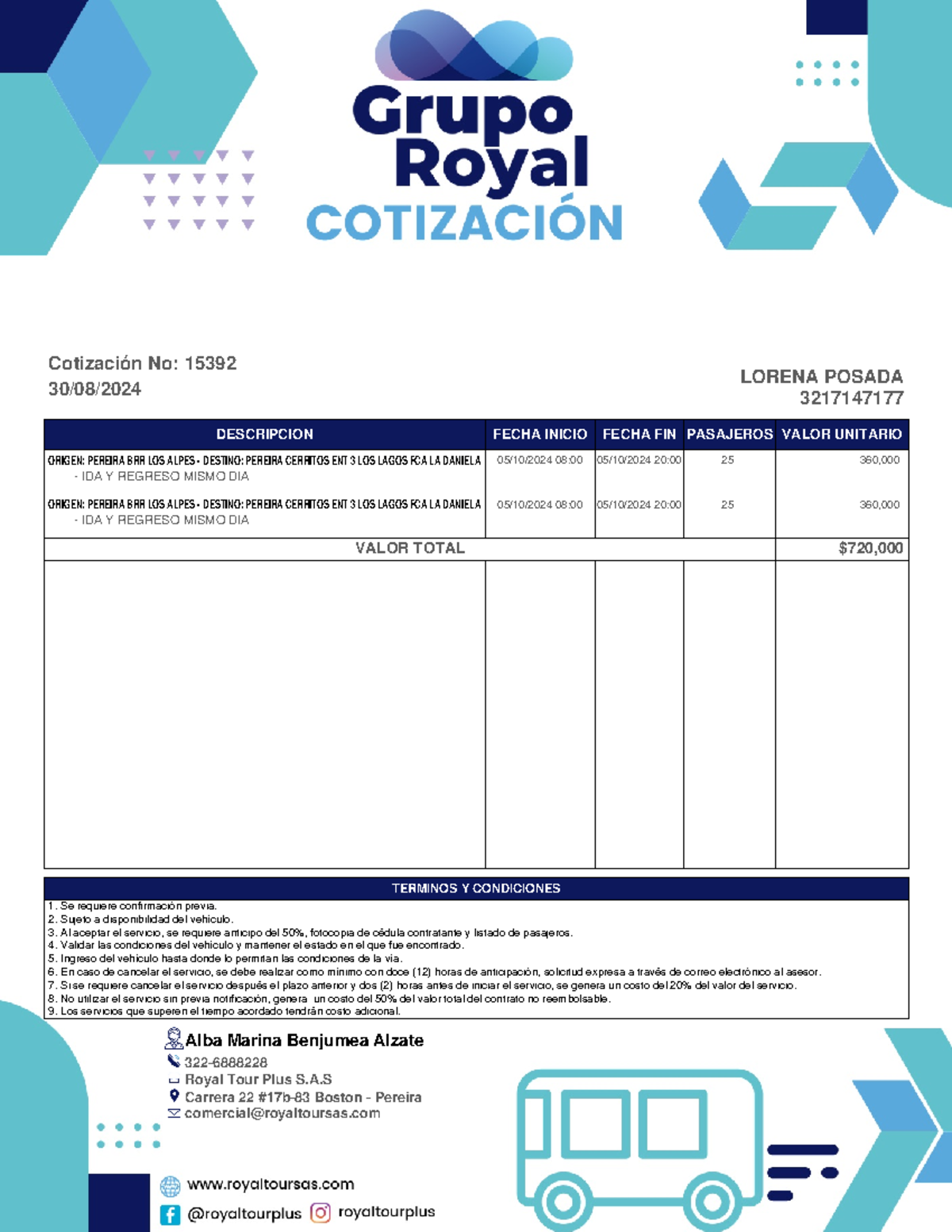 COT 15392 - Cotización de Servicio de Transporte Royal Tour Plus S.A ...