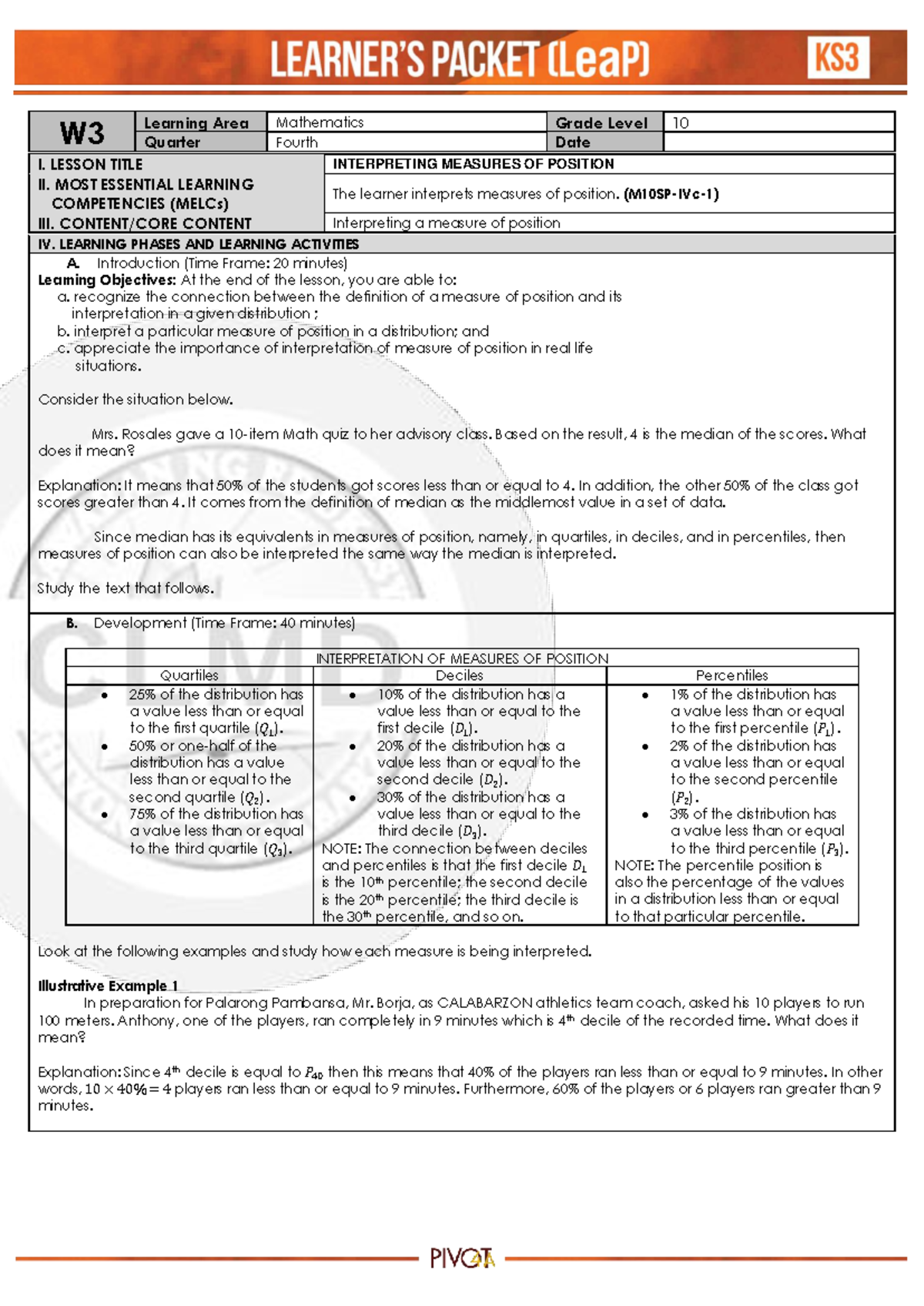 Q4 Math 10 Lesson: Interpreting Measures of Position - Studocu